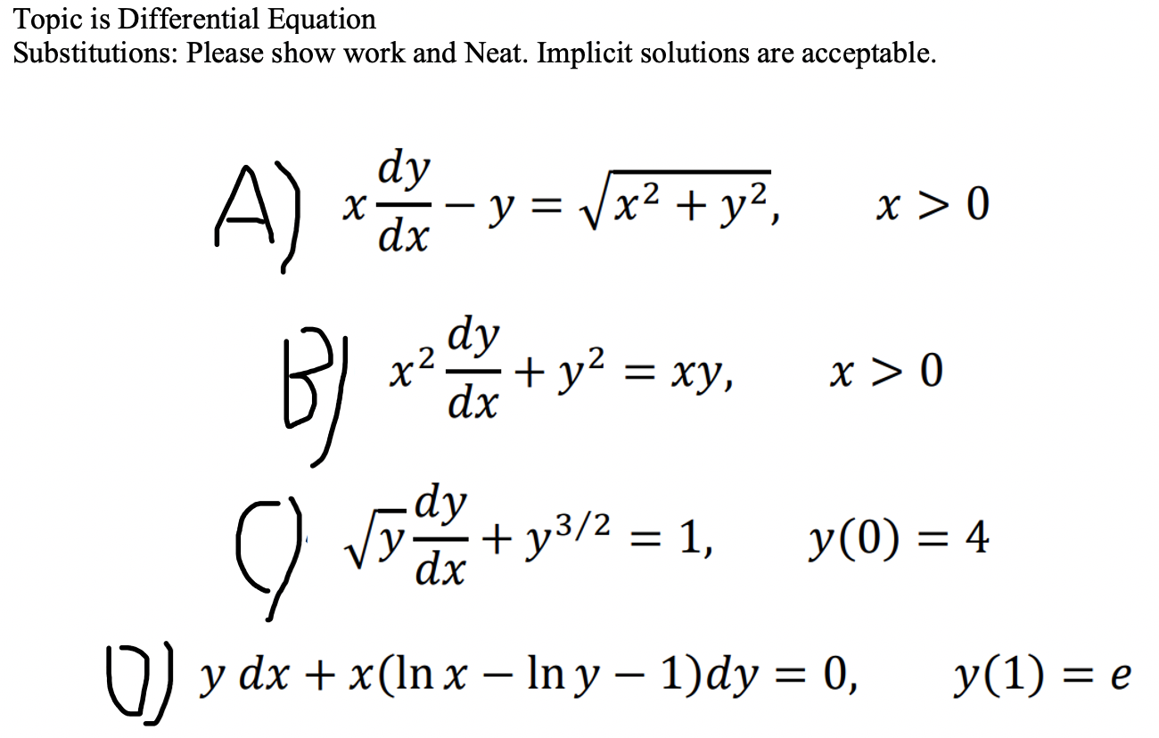 Solved Topic is Differential Equation Substitutions: Please | Chegg.com