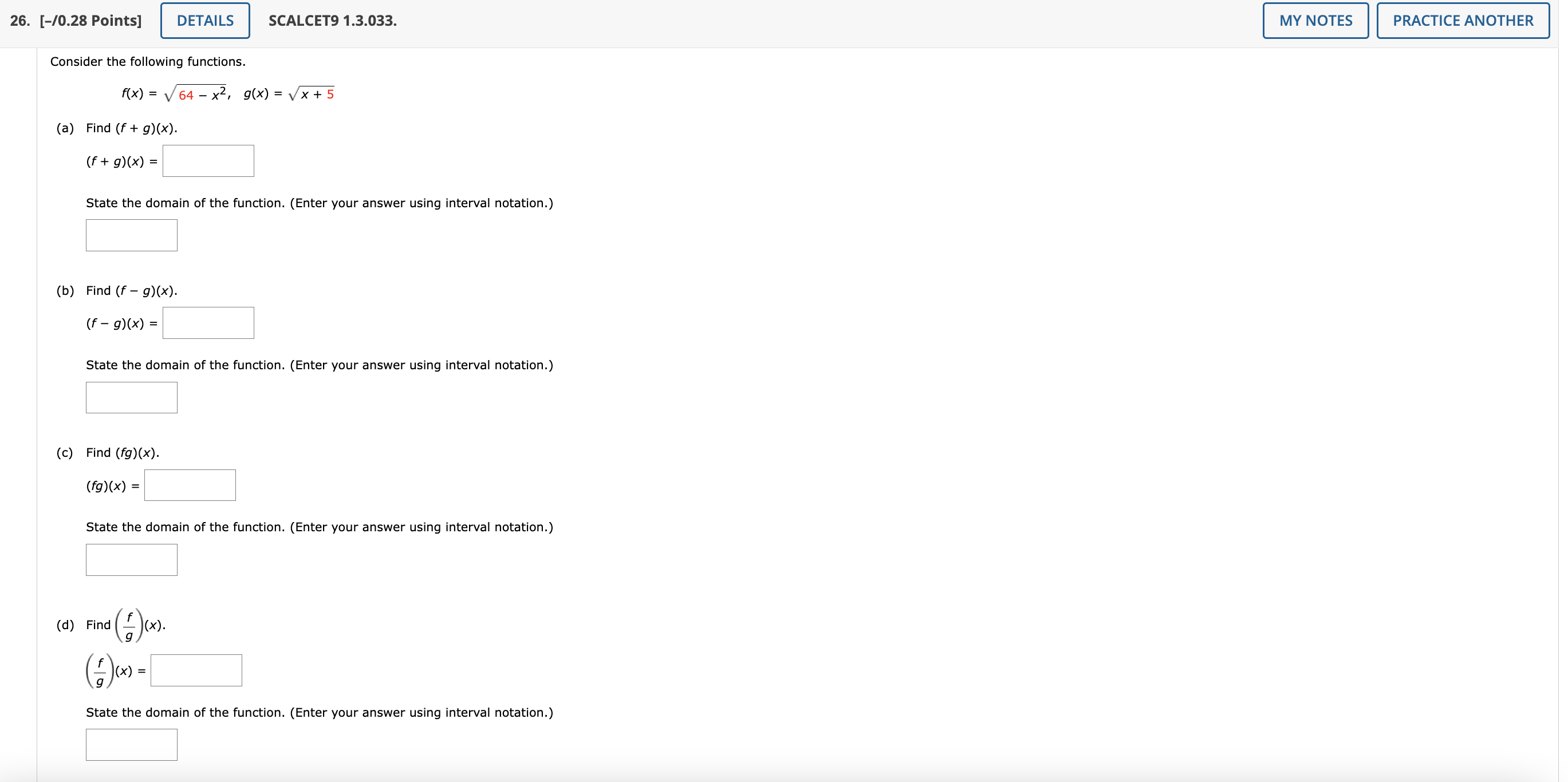 Solved Consider the following functions. f(x)=64−x2,g(x)=x+5 | Chegg.com