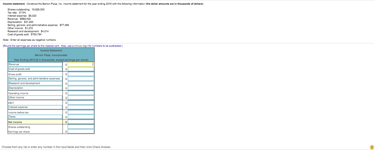 Solved Income statement Construct the Barron Pizza, Inc. | Chegg.com
