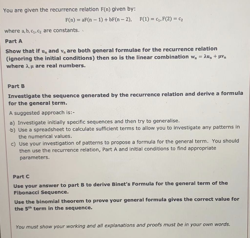Solved You are given the recurrence relation F(n) given by: | Chegg.com
