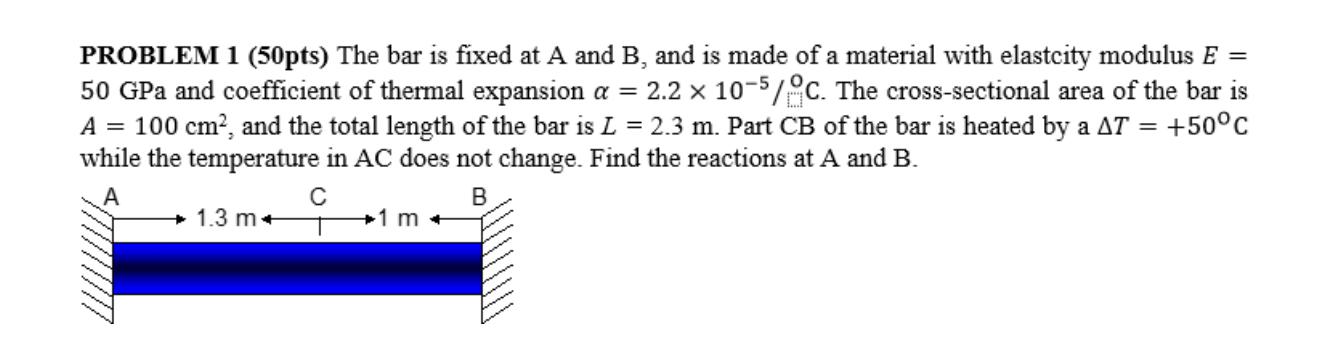 Solved PROBLEM 1 (50pts) The bar is fixed at A and B, and is | Chegg.com
