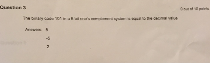 Solved The binary code 101 in a 5-bit one's complement | Chegg.com