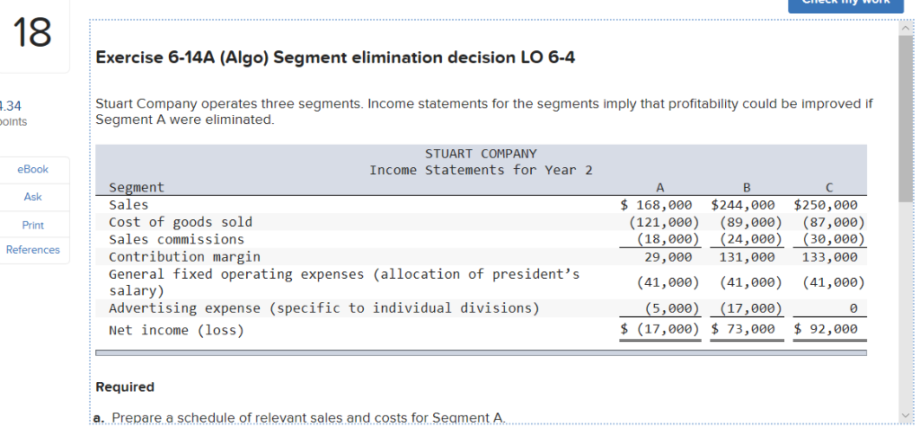 Solved 18 Exercise 6-14A (Algo) Segment elimination decision | Chegg.com