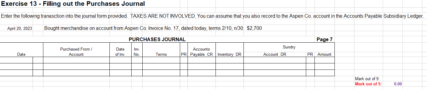 Solved Exercise 13 - Filling out the Purchases Journal Enter | Chegg.com