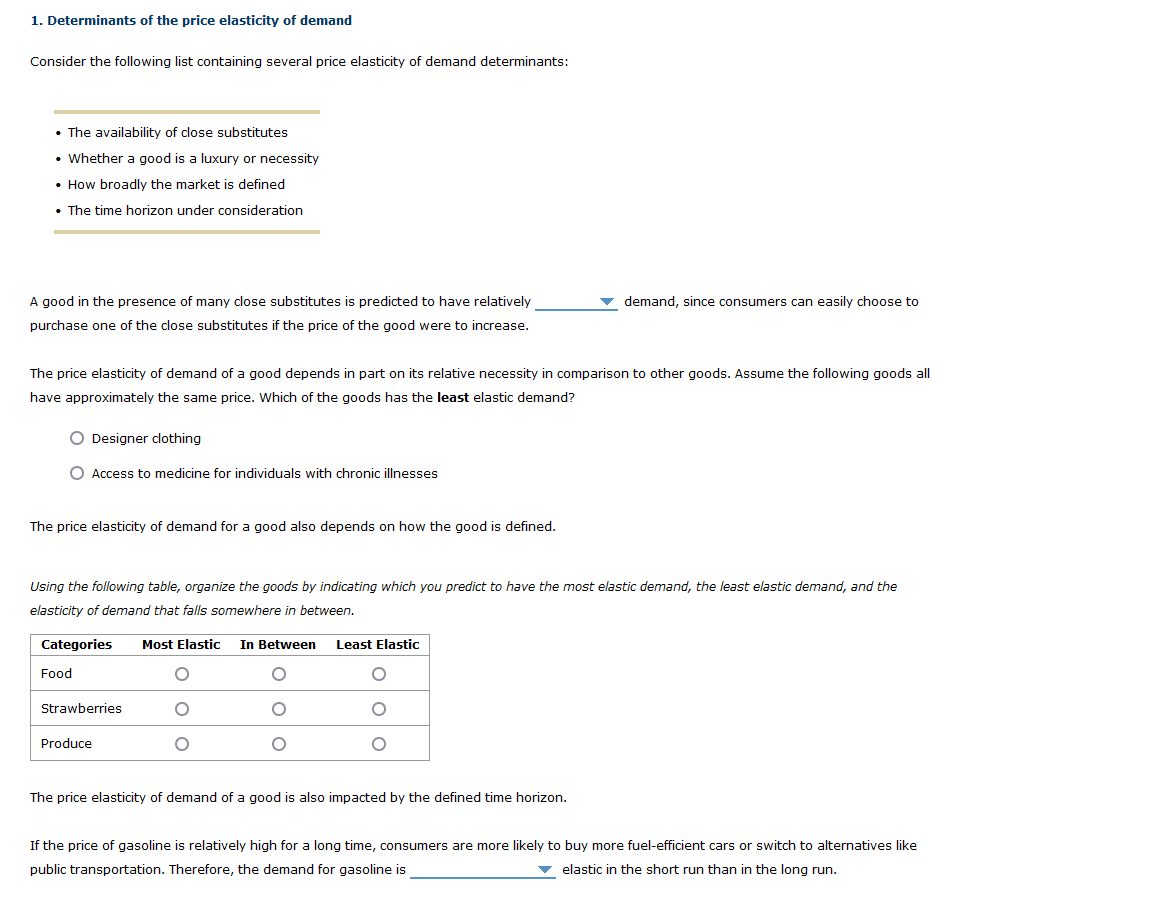 Solved 1. Determinants of the price elasticity of demand | Chegg.com
