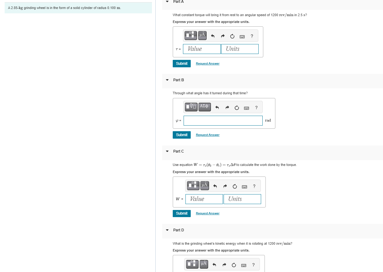 Solved A 2.85-kg ﻿grinding wheel is in the form of a solid | Chegg.com