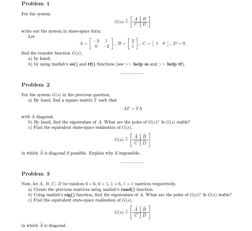 Solved А B Problem 1 For the system G(3) write out the | Chegg.com
