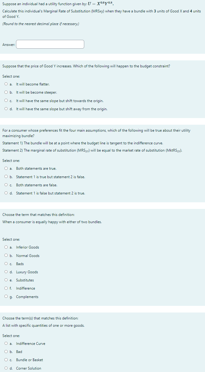 Solved Suppose An Individual Had A Utility Function Given