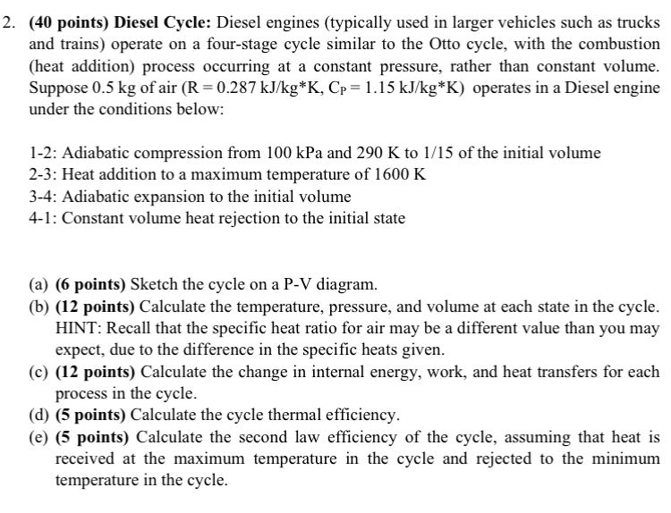 Solved 2. (40 ﻿points) ﻿Diesel Cycle: Diesel engines | Chegg.com