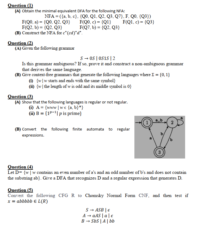 Solved Question (1) (A) Obtain the minimal equivalent DFA | Chegg.com