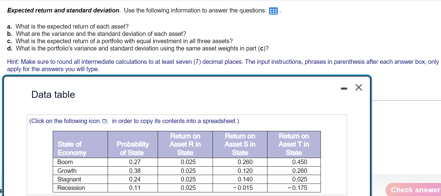 Solved Expected return and standard deviation. Use the | Chegg.com
