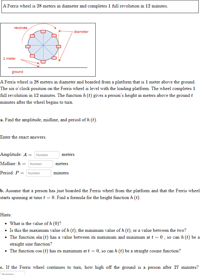 Solved A Ferris wheel is 28 meters in diameter and completes | Chegg.com
