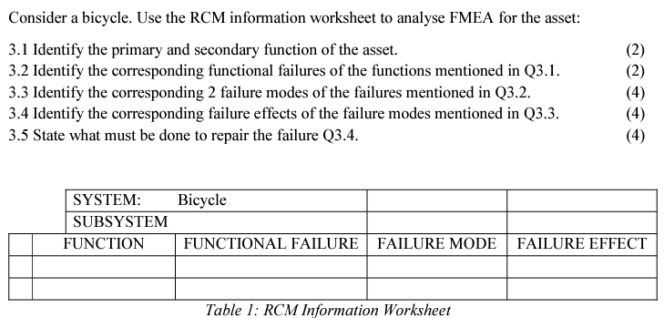 Solved Consider a bicycle. Use the RCM information worksheet | Chegg.com