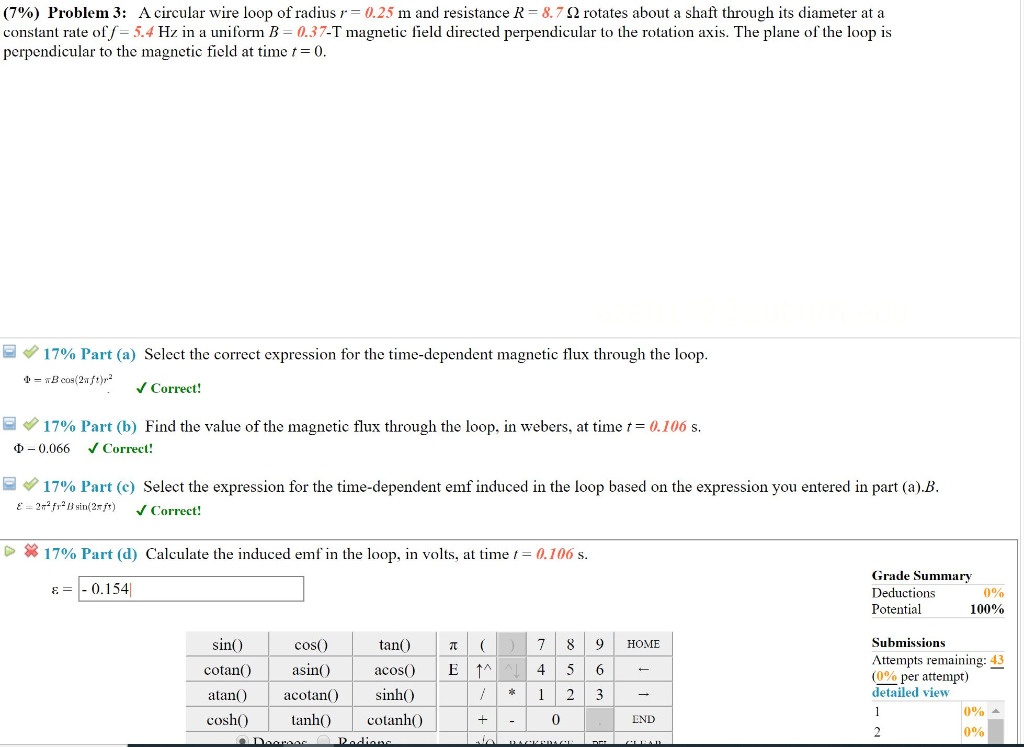 Solved (7%) Problem 3: A circular wire loop of radius r = | Chegg.com