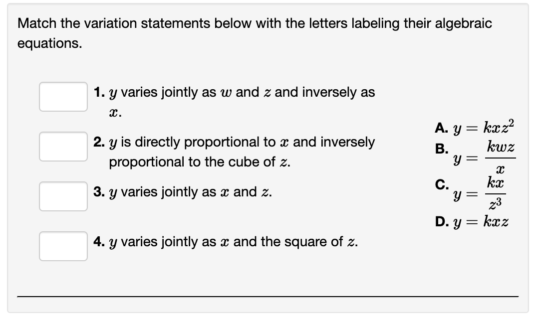 Solved Match the variation statements below with the letters | Chegg.com