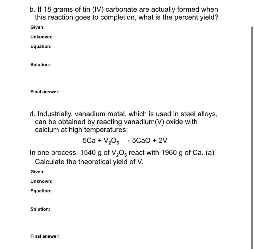 Solved Name: ID: Class: Date: Percent Yield Worksheet 1. | Chegg.com