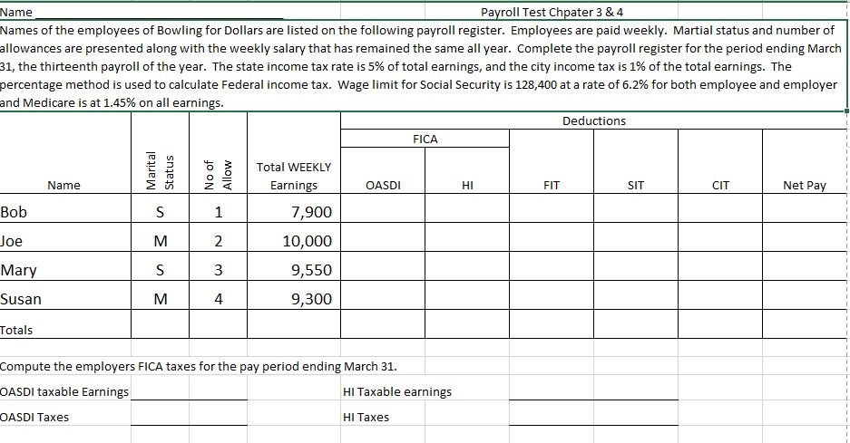 Solved Name Payroll Test Chpater 3 & 4 Names of the | Chegg.com