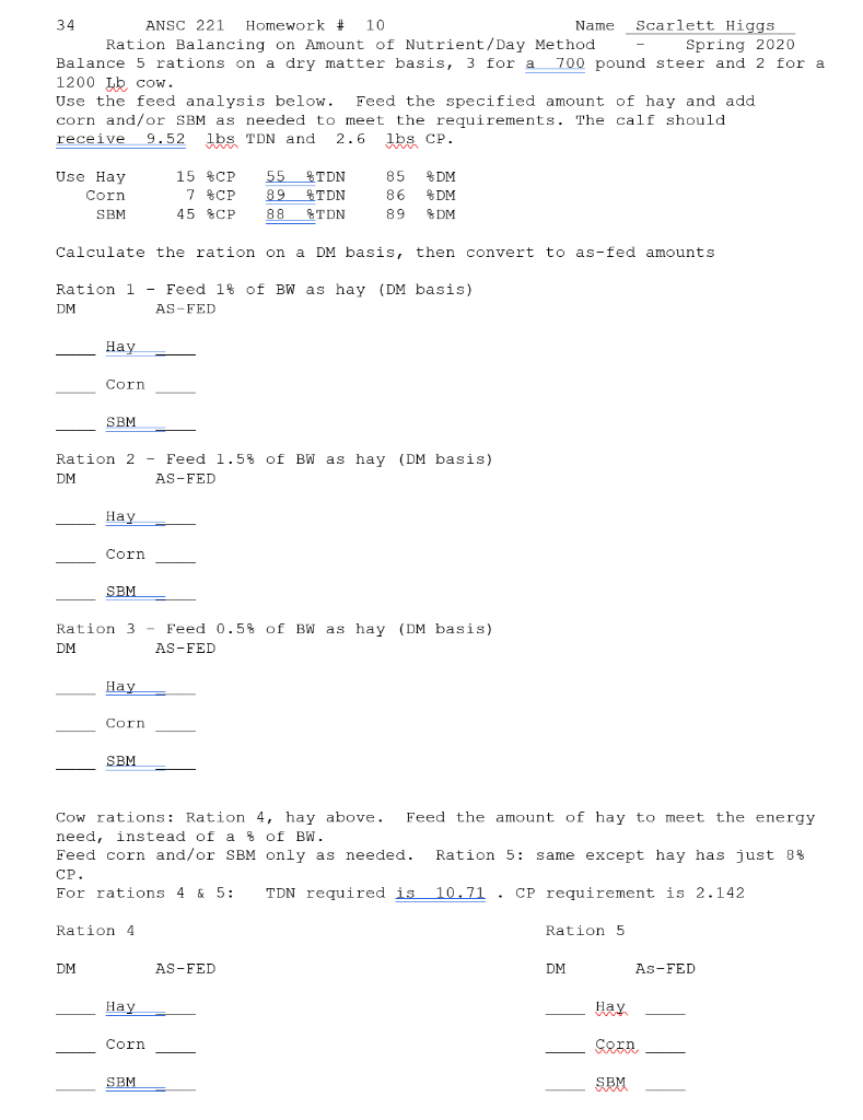 ANSC 221 Homework # 10 Name Scarlett Higgs Ration | Chegg.com