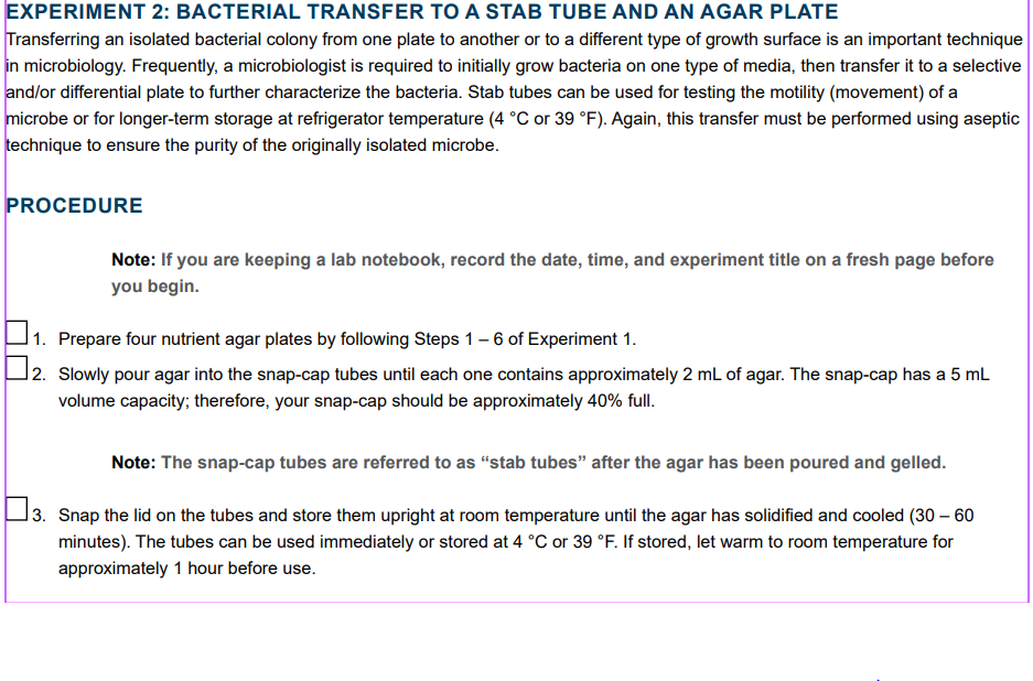 EXPERIMENT 2: BACTERIAL TRANSFER TO A STAB TUBE AND | Chegg.com