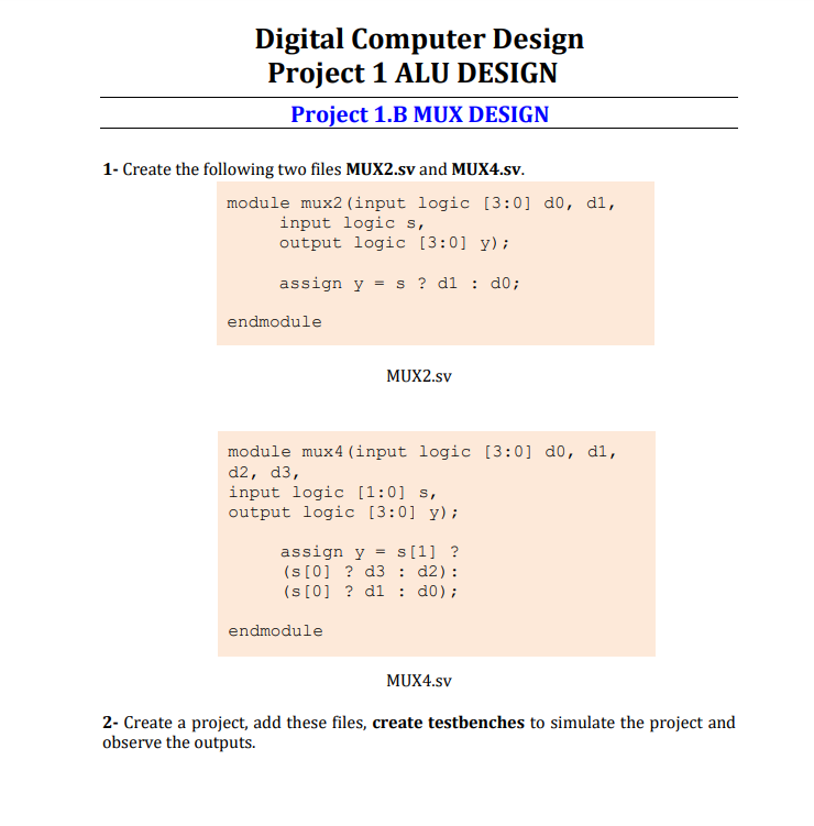 Solved Digital Computer Design Project 1 ALU DESIGN Project | Chegg.com