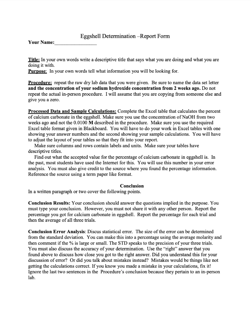 Solved Eggshell Determination - Report Form Your Name: | Chegg.com