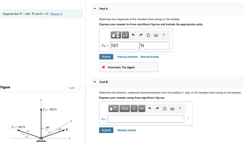Solved Suppose that F1=300 N and θ=10∘. Determine the | Chegg.com