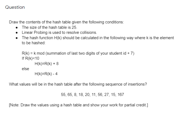Solved Question Draw the contents of the hash table given | Chegg.com