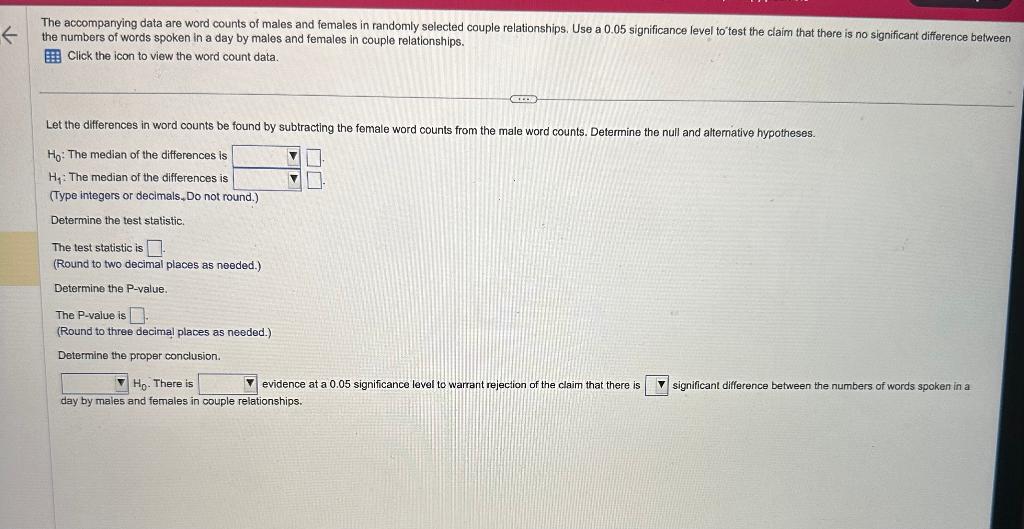 The accompanying data are word counts of males and | Chegg.com
