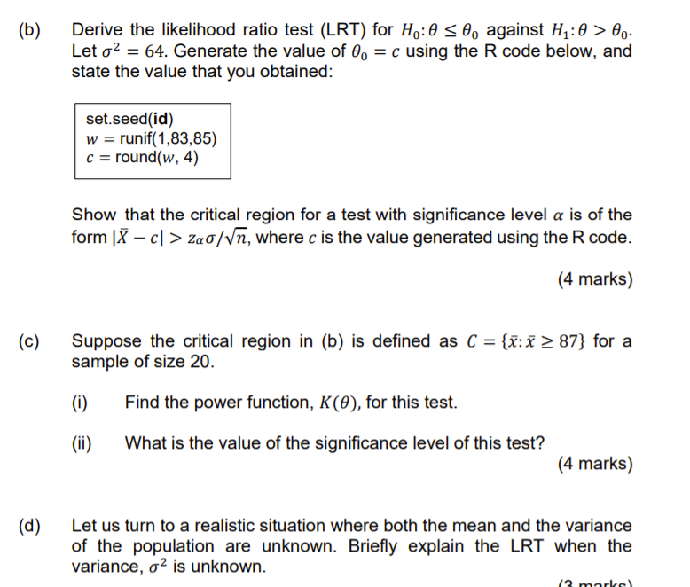 (b) Derive the likelihood ratio test (LRT) for H.: 0 | Chegg.com