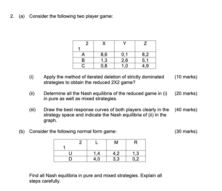 Solved (a) Consider the following two player game: (i) Apply | Chegg.com