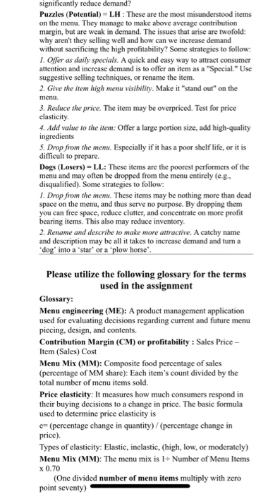 Solved Utilizing Menu Engineering Concept in a Restaurant | Chegg.com