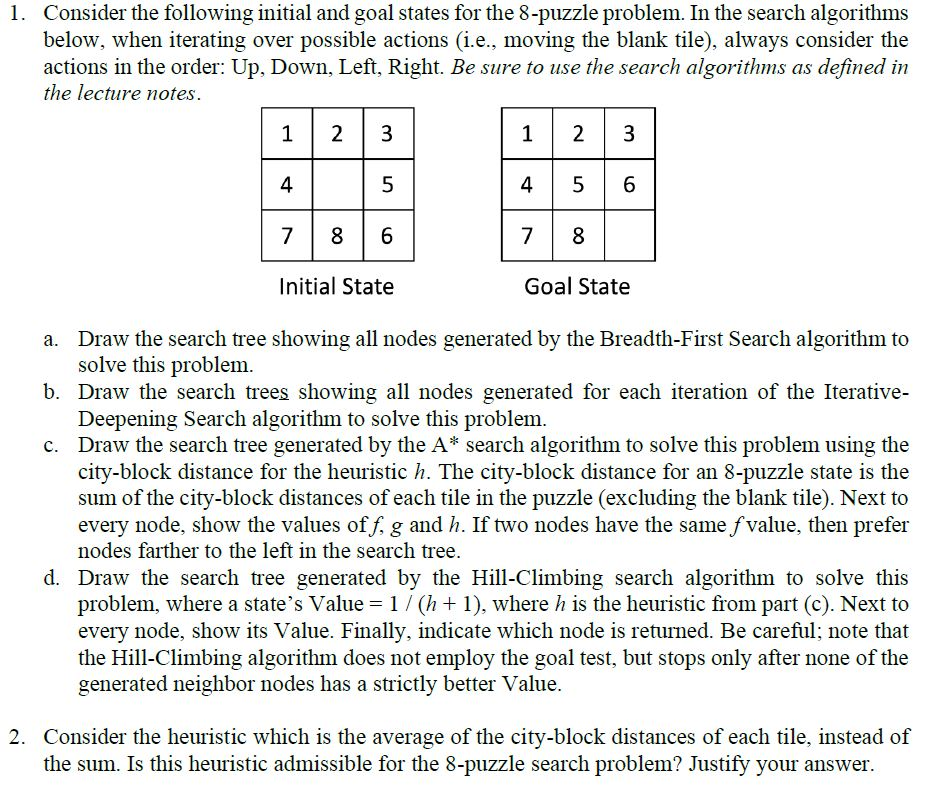 Solved 1. Consider the following initial and goal states for | Chegg.com