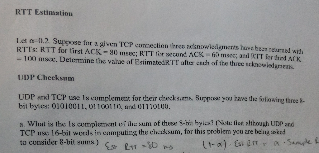 Solved Rtt Estimation Let Oe 0 2 Suppose For A Given Tcp