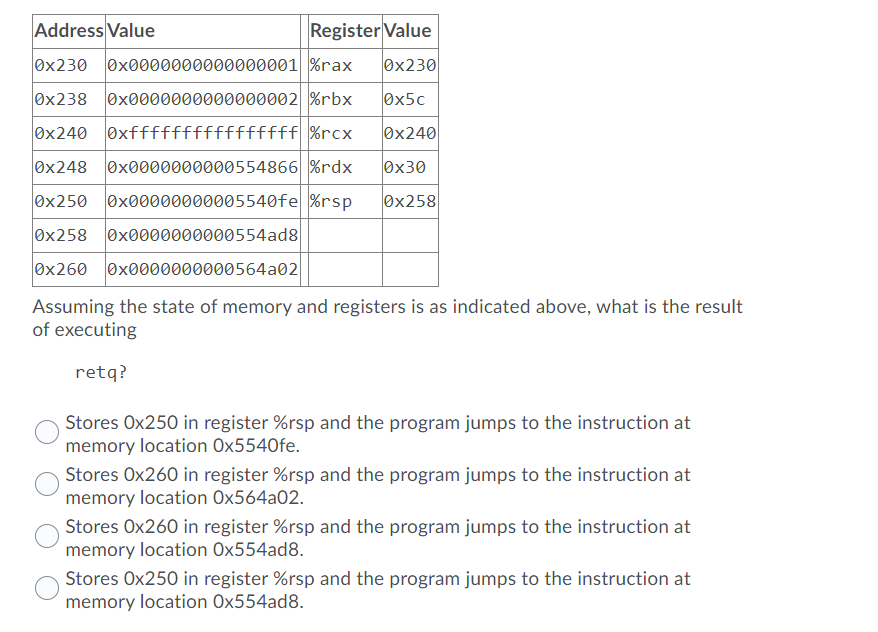 Solved Address Value Register Value 0x230 Ox0000000000000001 | Chegg.com