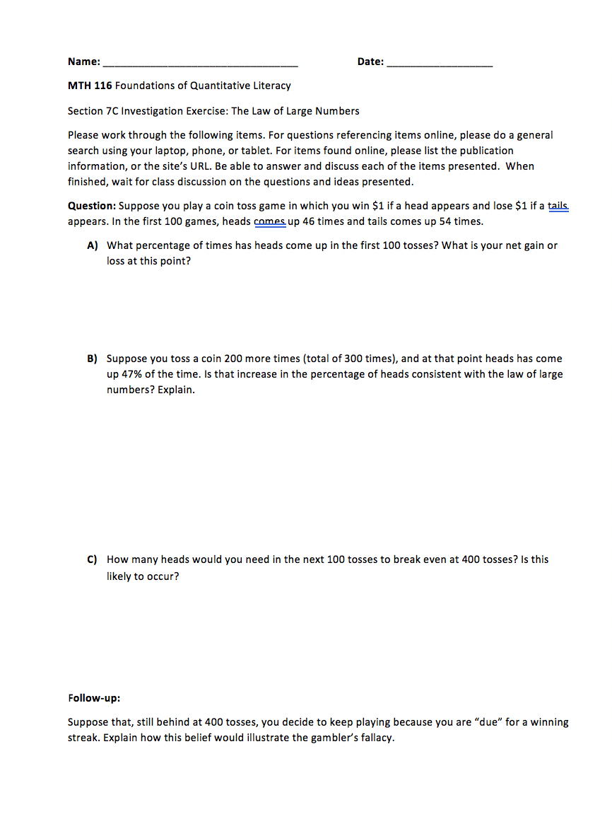 Solved Name: Date: MTH 116 Foundations of Quantitative | Chegg.com