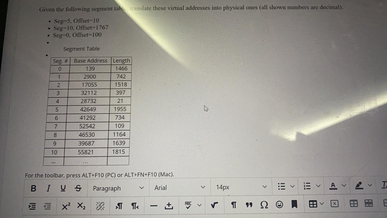 Solved Given the following segment table translate these | Chegg.com