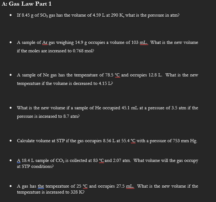 Solved Gas Law Part 1 - If 8.45 g of SO2 gas has the volume | Chegg.com