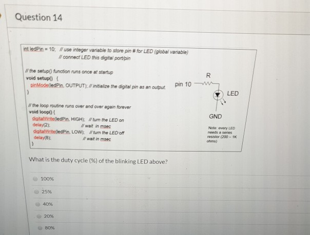 Solved Question 14 int ledPin 10: /use integer variable to | Chegg.com