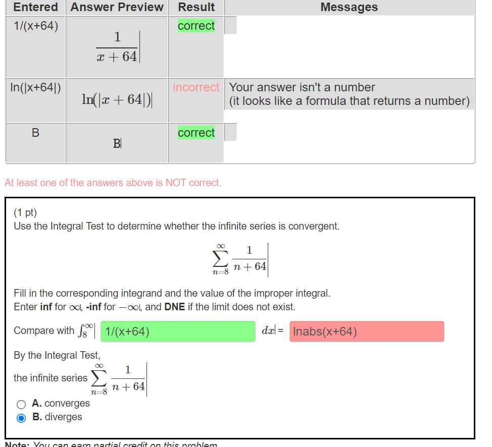 Solved Result Messages Entered Answer Preview 1/(x+64) 1 | Chegg.com