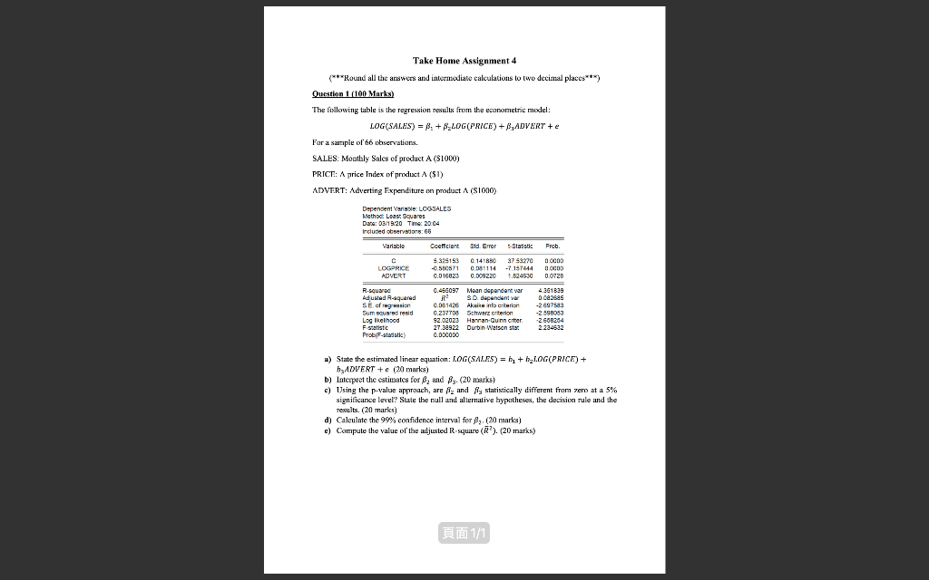 Solved Take Home Assignment 4 (***Round all the answers and | Chegg.com