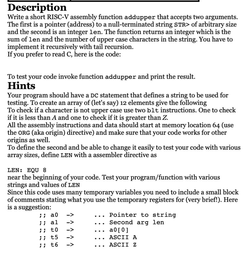 Description Write a short RISC-V assembly function | Chegg.com