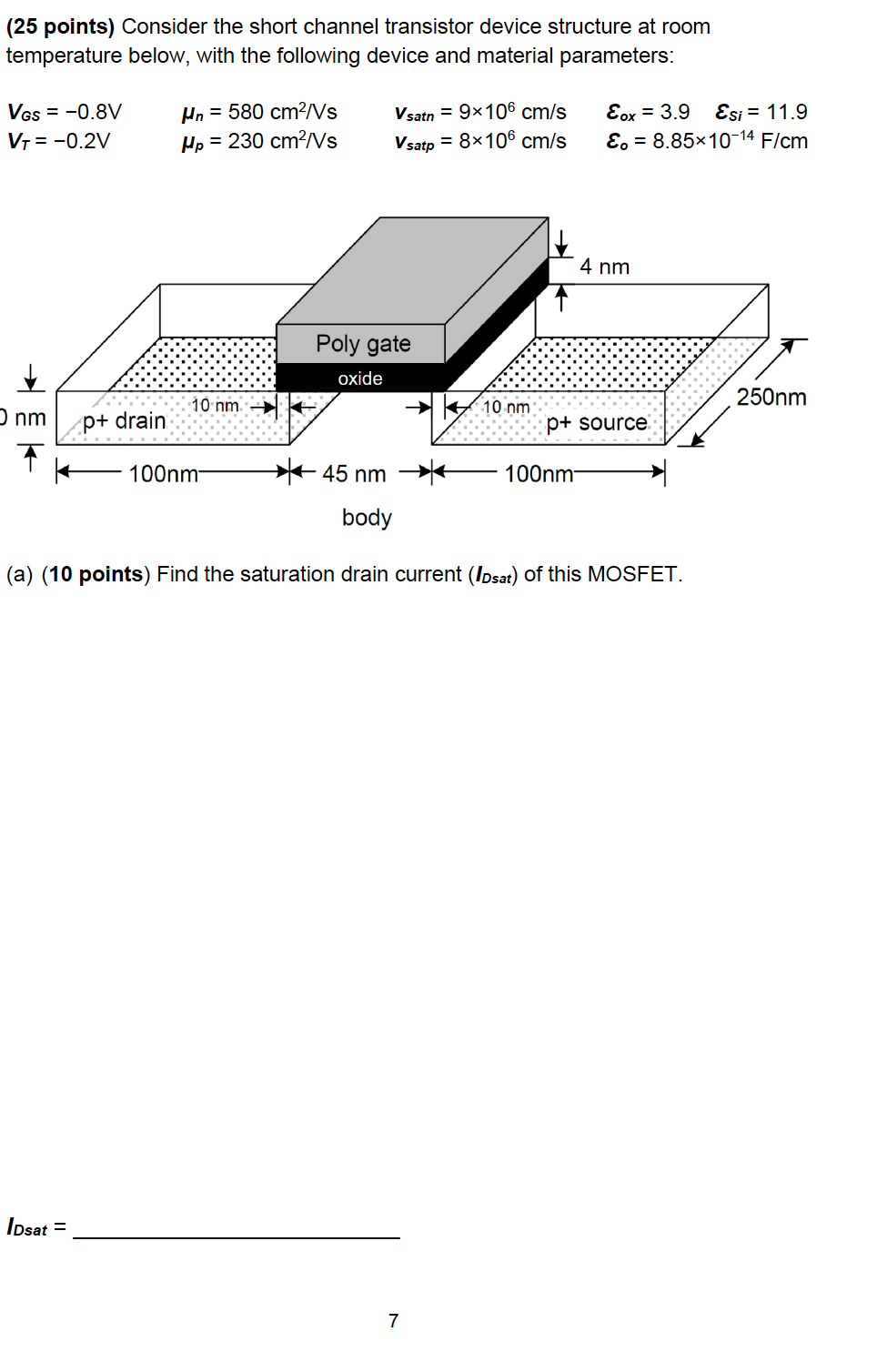 Solved (25 points) Consider the short channel transistor | Chegg.com