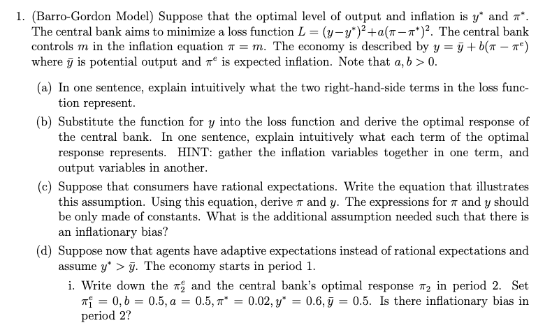 Solved I. (Barro-Gordon Model) Suppose that the optimal | Chegg.com