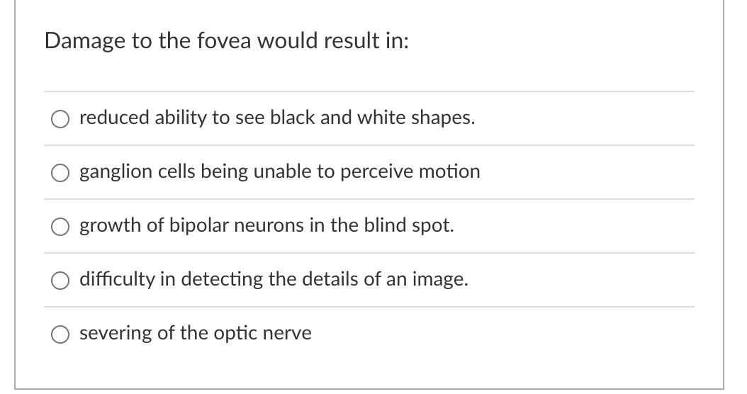 Solved Damage to the fovea would result in: reduced ability | Chegg.com