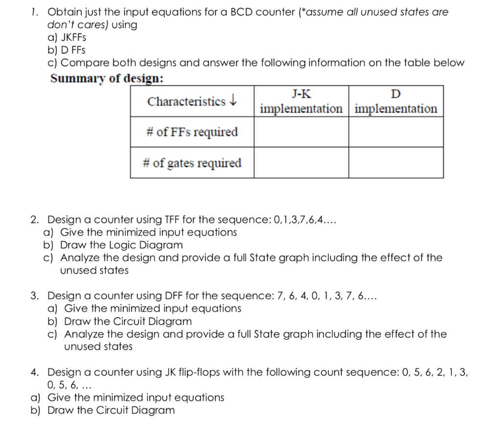 Solved 1. Obtain just the input equations for a BCD counter | Chegg.com