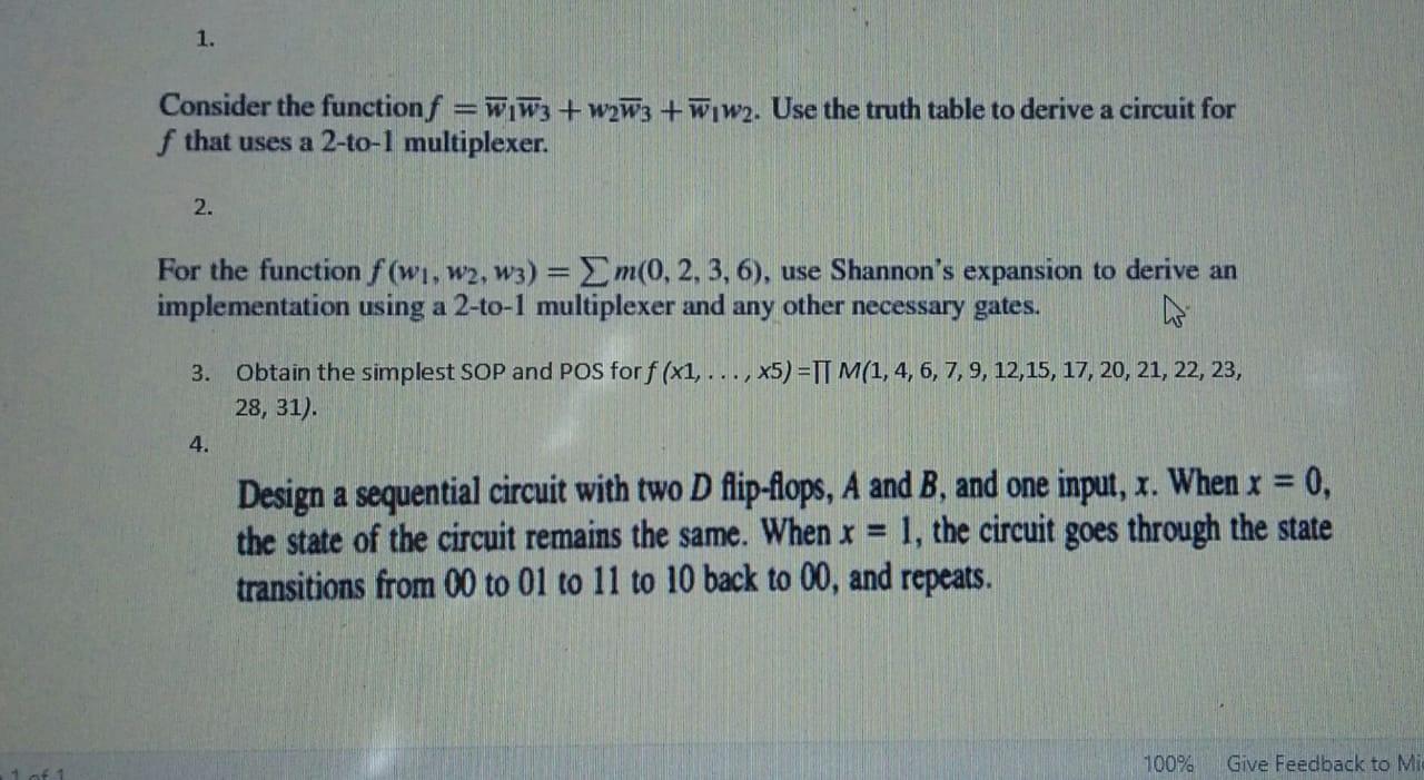 Solved Consider the function f=wˉ1wˉ3+w2wˉ3+wˉ1w2. Use the | Chegg.com