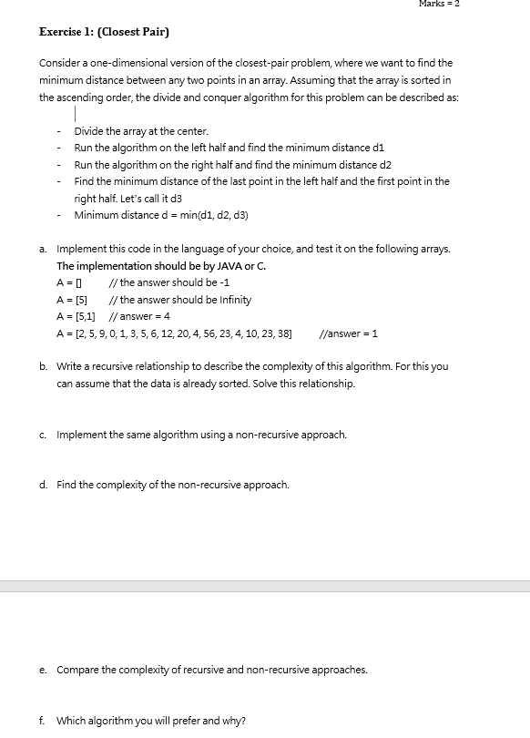 Solved Exercise 1: (Closest Pair) Consider a one-dimensional | Chegg.com