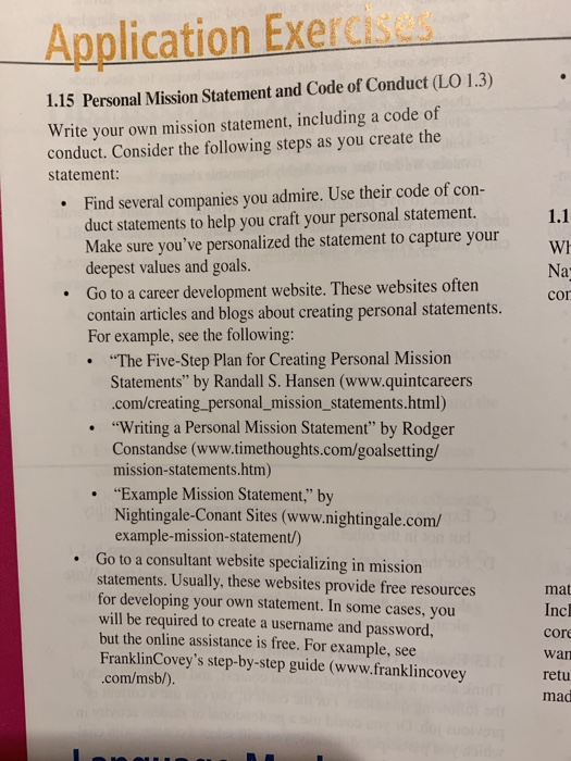 Solved Application Exercises – 1.15“Personal Mission | Chegg.com