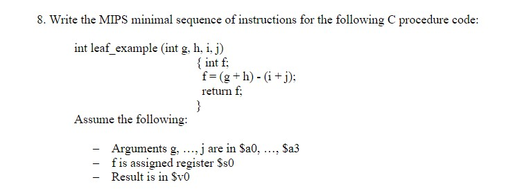 Solved 8. Write the MIPS minimal sequence of instructions | Chegg.com
