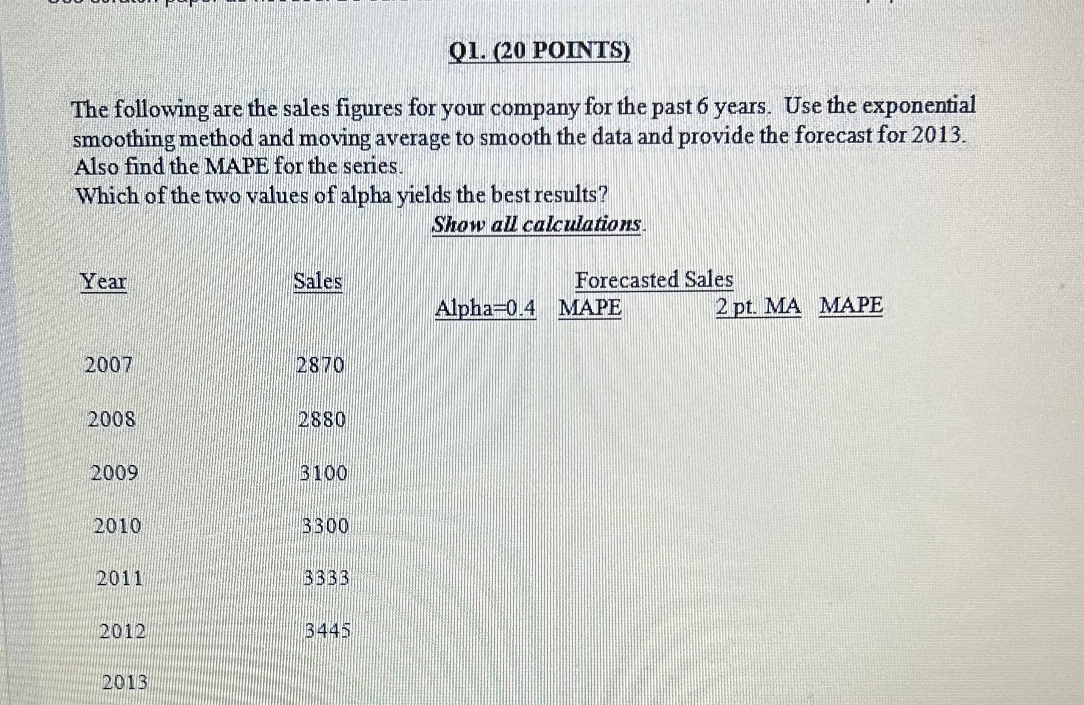 Solved The following are the sales figures for your company | Chegg.com